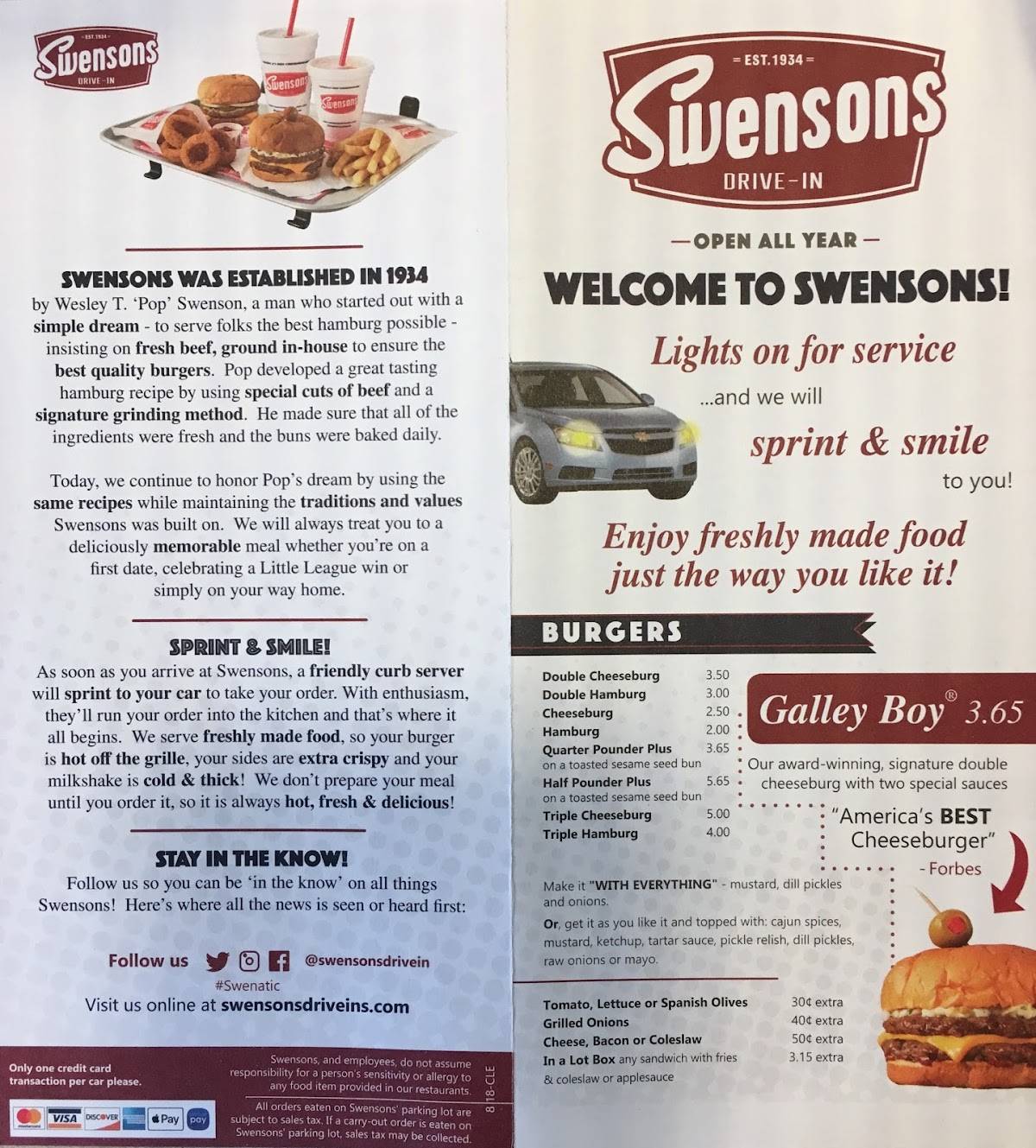 Menu at Swensons Drive-In fast food, North Olmsted
