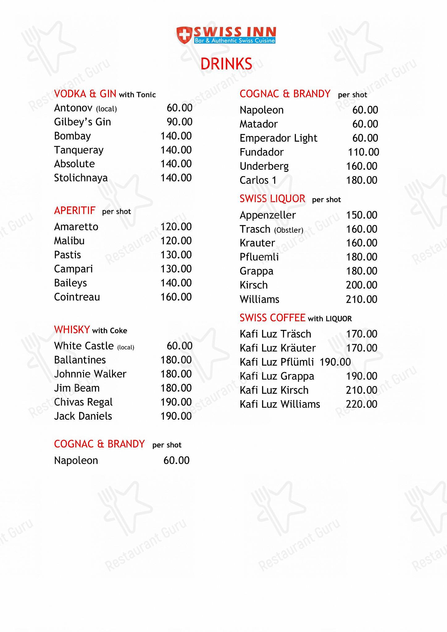Menu at Swiss Inn Restaurant & Bar, Malay