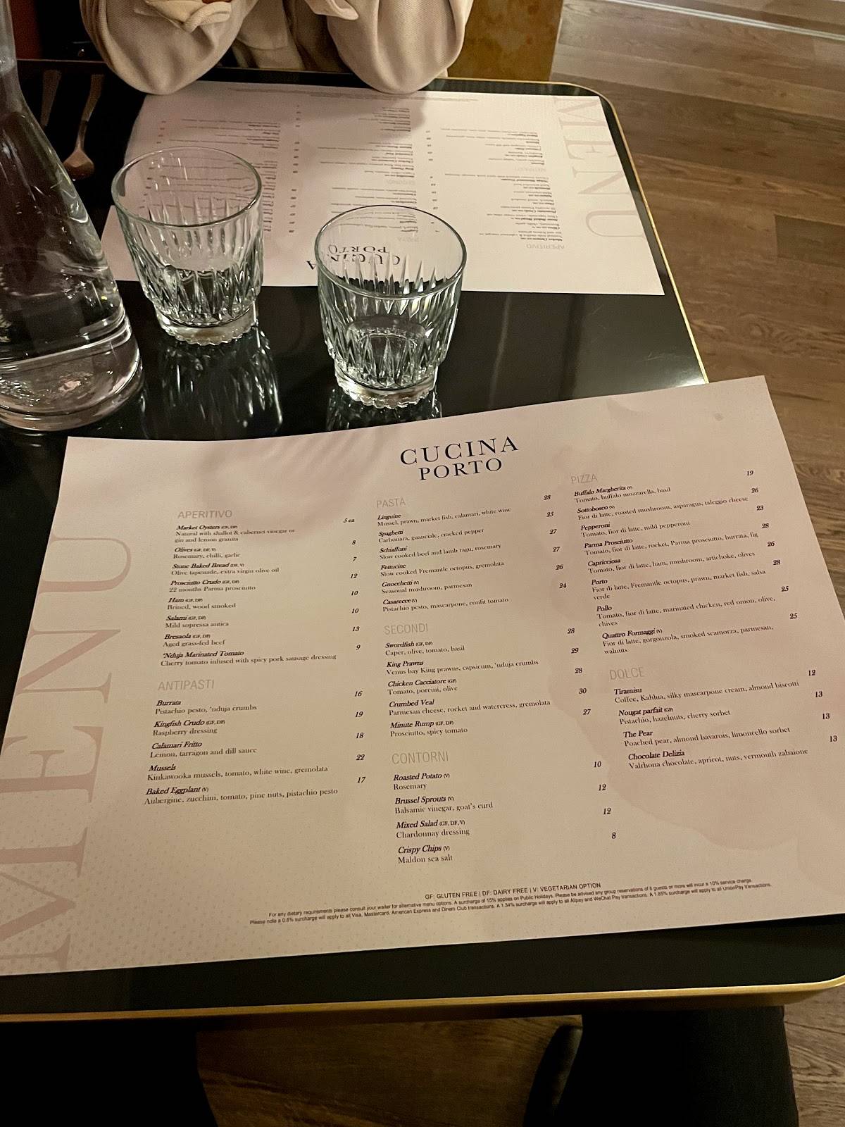 Carta del restaurante Cucina Porto, Pyrmont