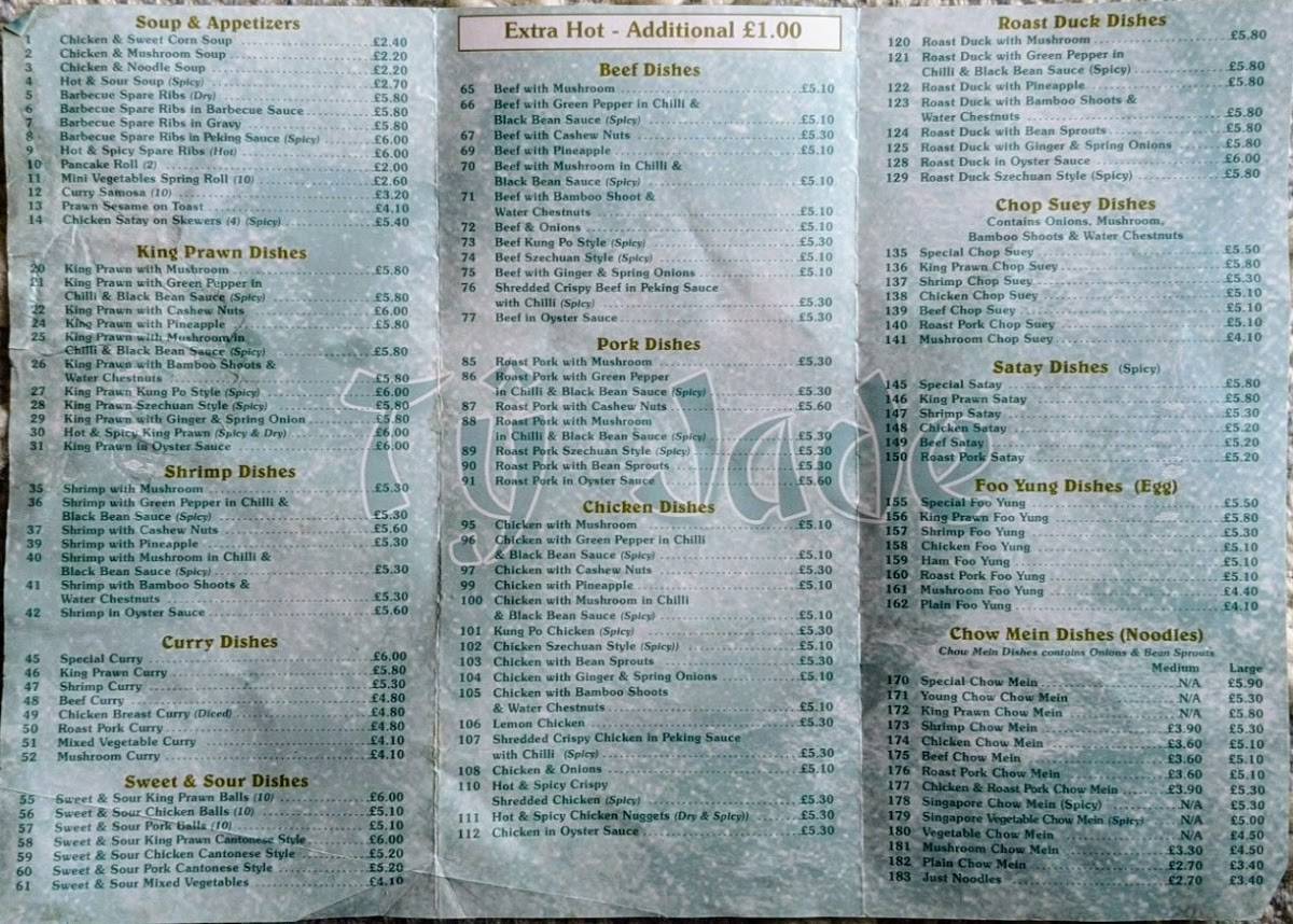 Menu at Tŷ Jade Chinese Takeaway restaurant, Risca