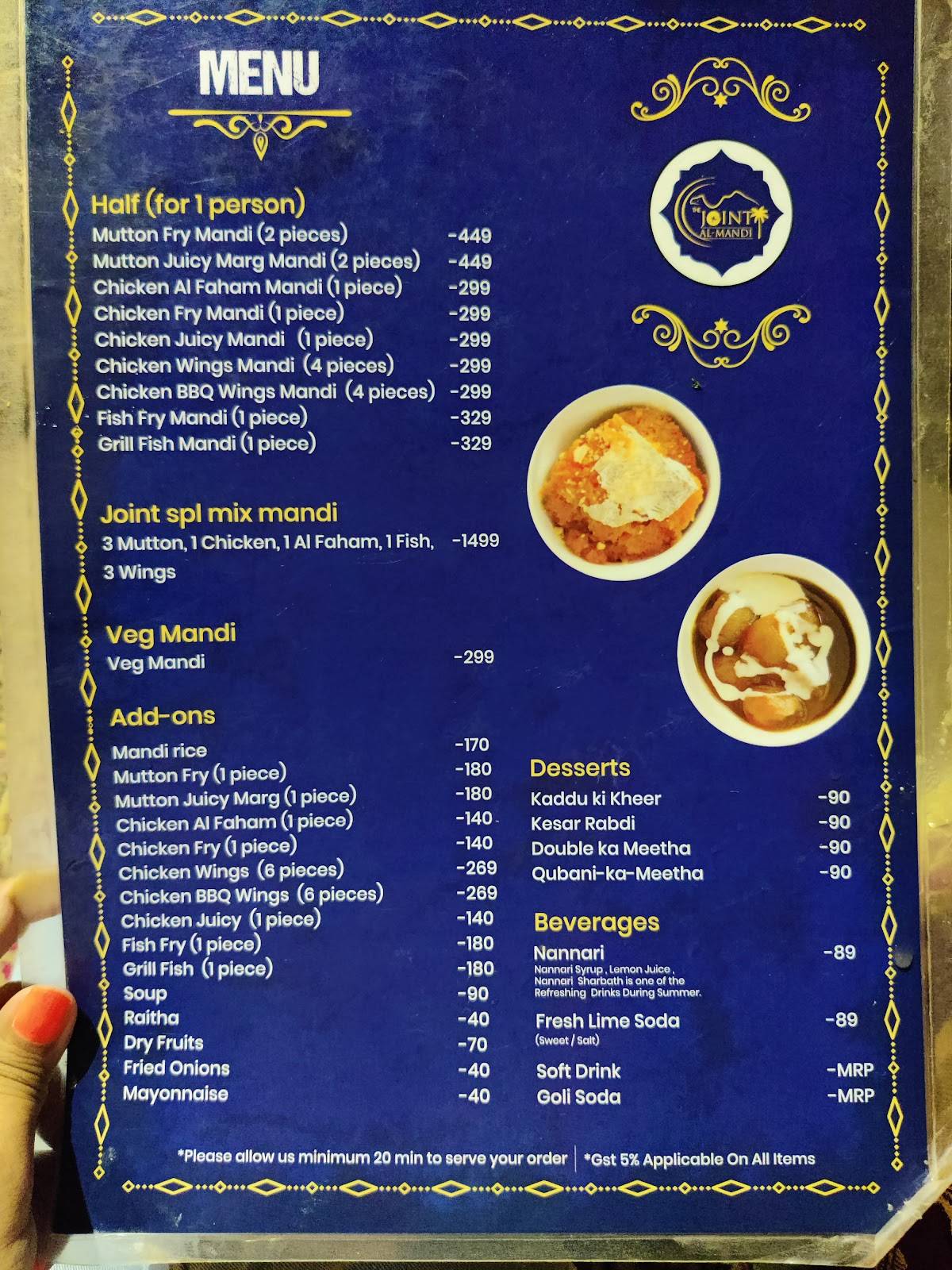 Menu at THE JOINT AL-MANDI, Hyderabad