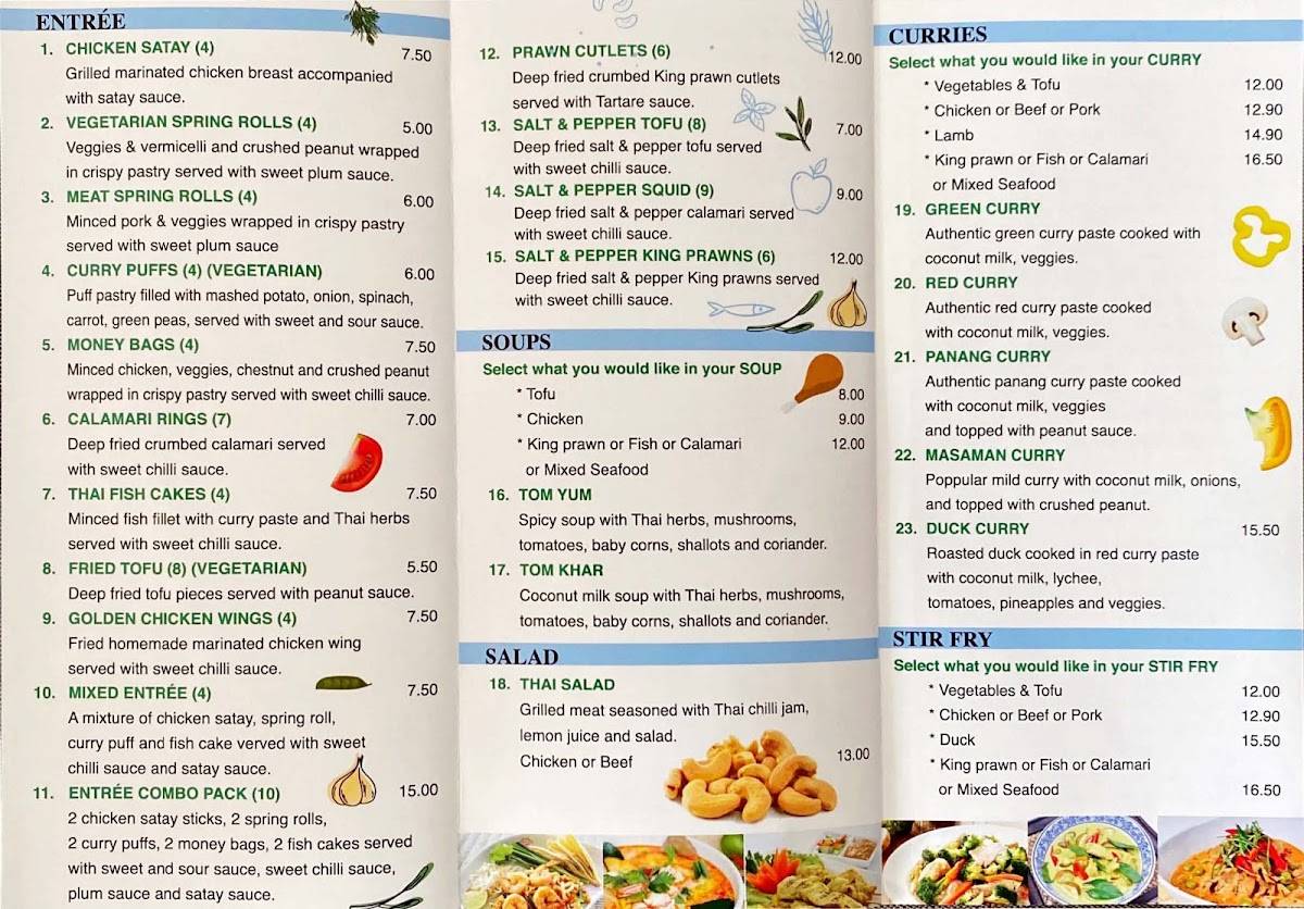 Menu at Ta Wan Thai restaurant, Waitara