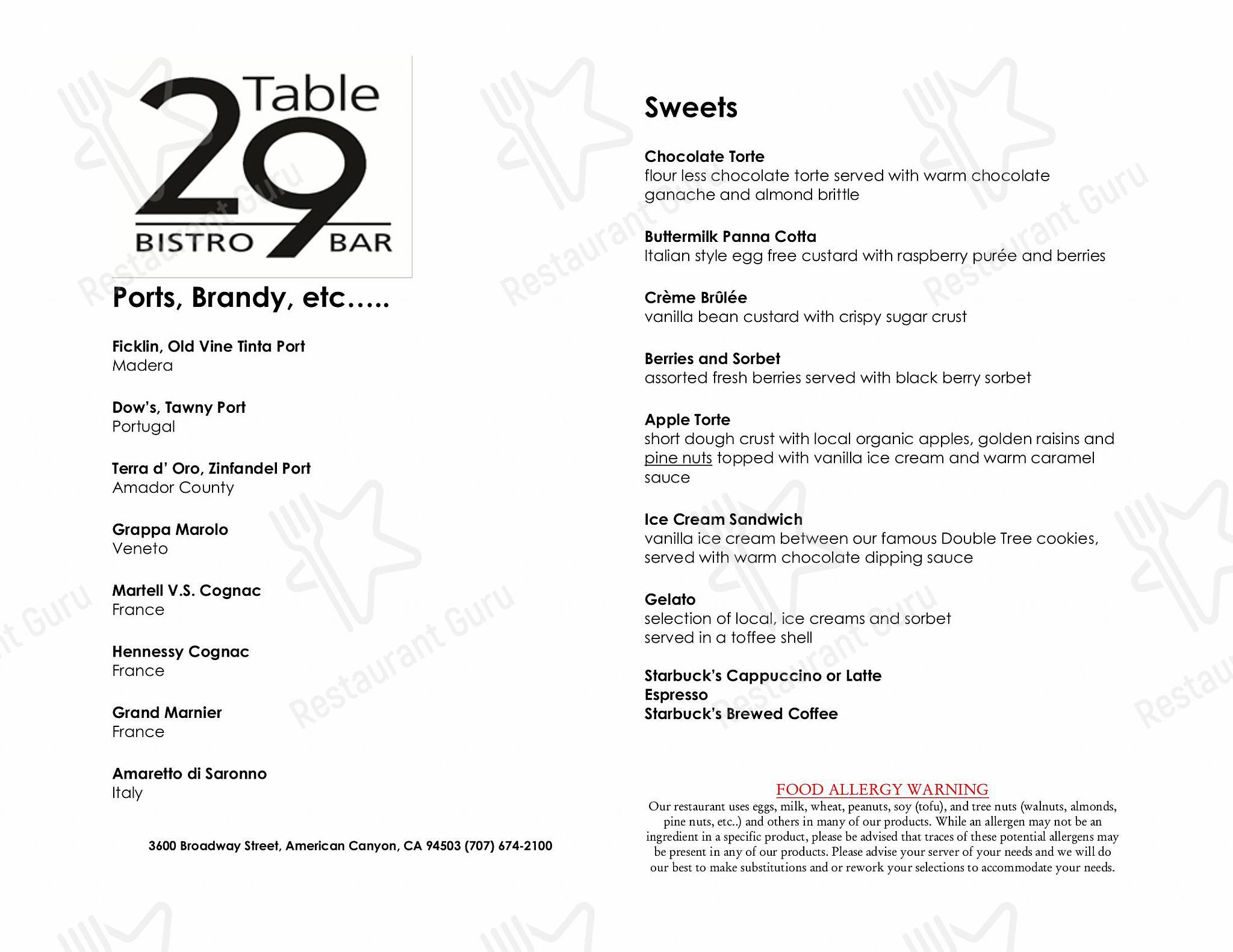 Menu at Table 29 Bistro & Bar, American Canyon