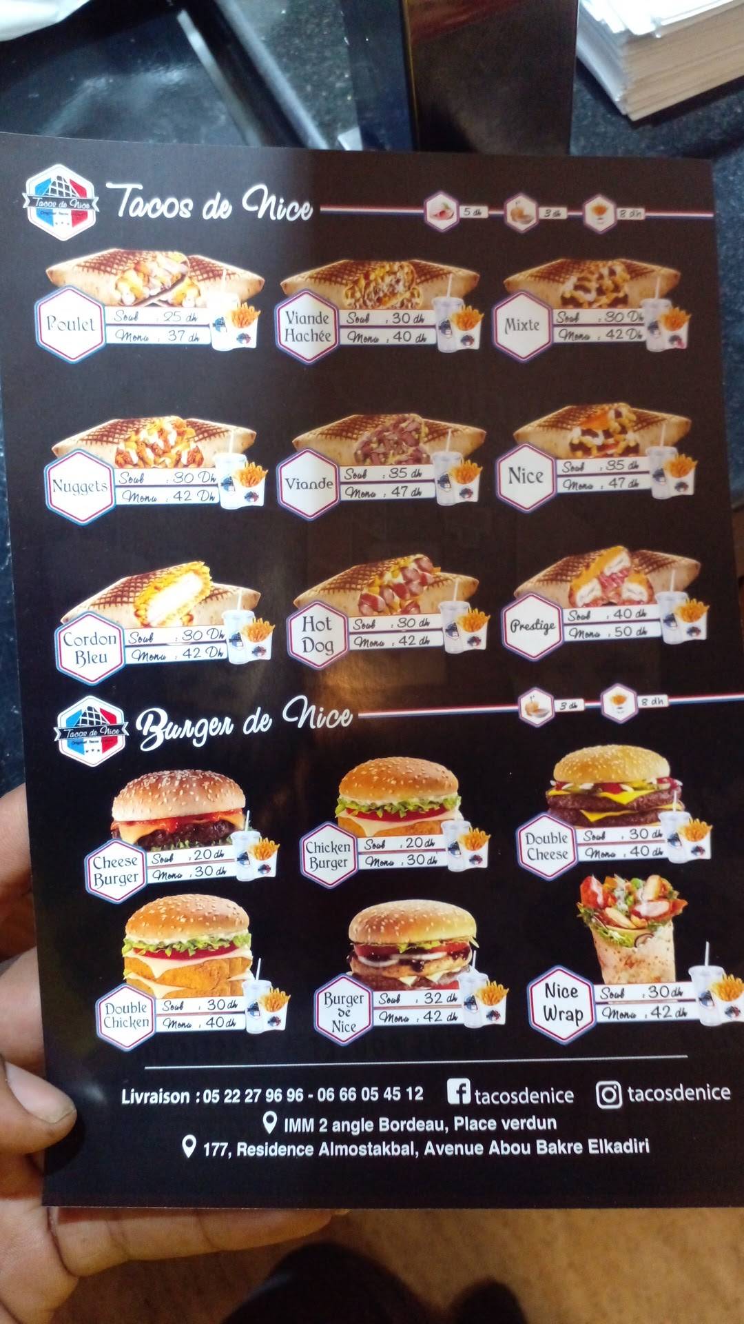 Speisekarte von Tacos de nice restaurant, Casablanca, H9WF+7XR
