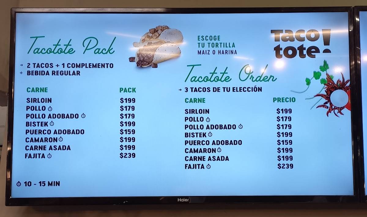 Carta del restaurante Tacotote, Torreón