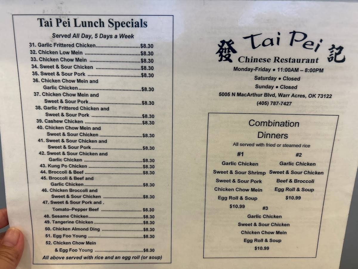 Menu at Tai Pei restaurant, Warr Acres