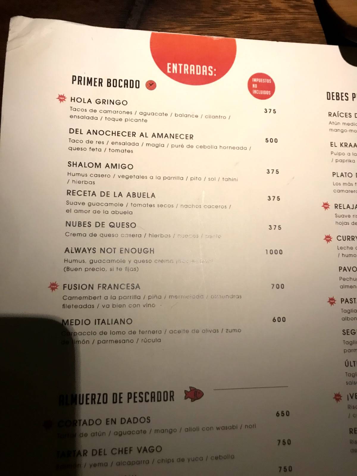 Carta de Taino Restaurant, Punta Cana