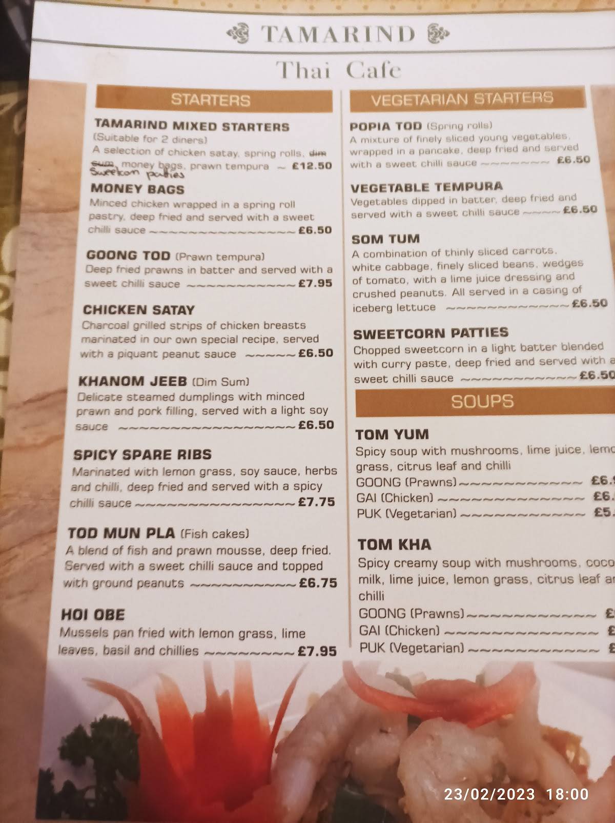 Menu at Tamarind Thai Cafe, Rickmansworth
