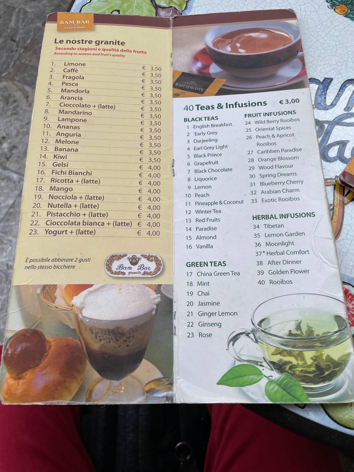 Menu da Bam Bar, Taormina