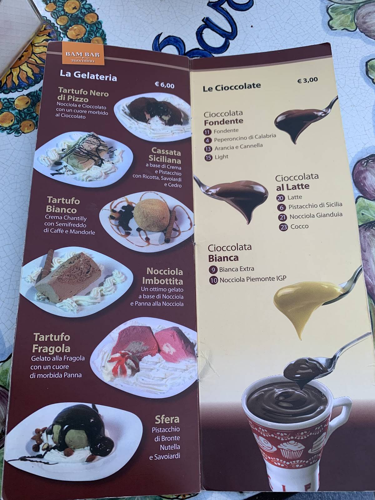 Menu da Bam Bar, Taormina