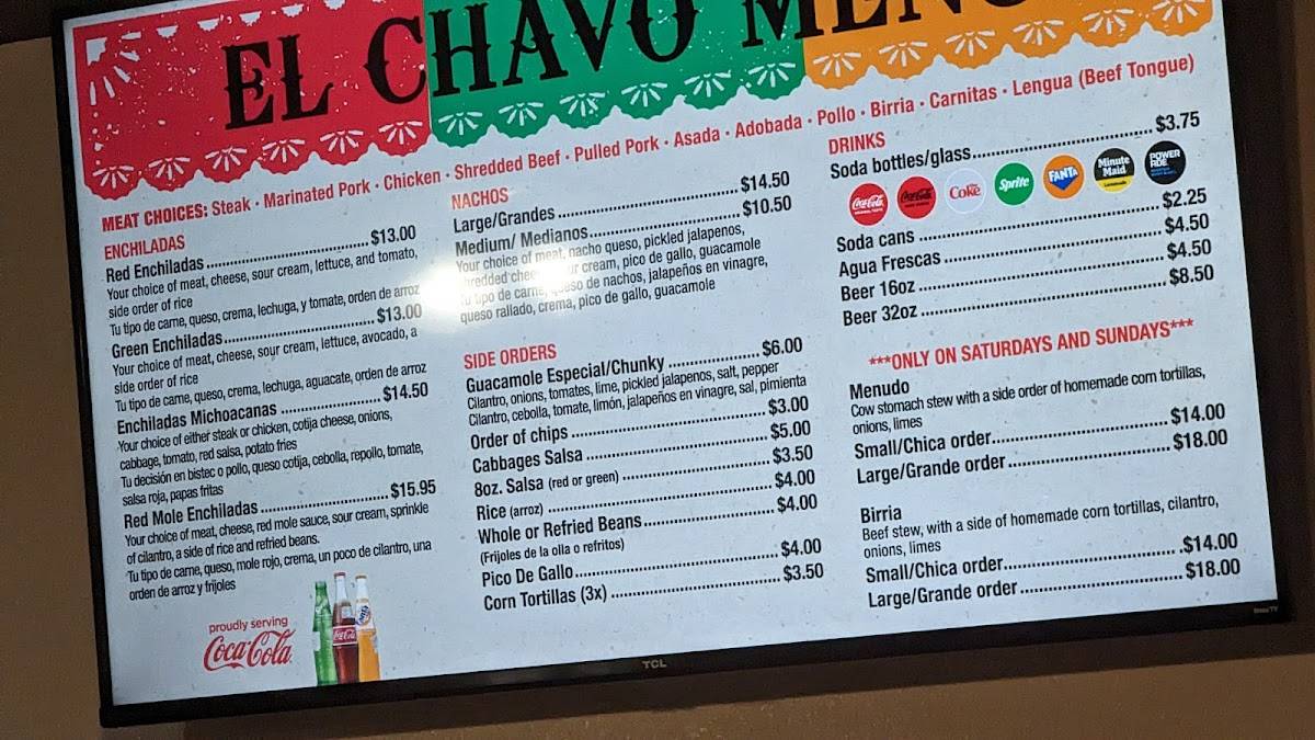 Menu at Taqueria El Chavo restaurant, Cashmere
