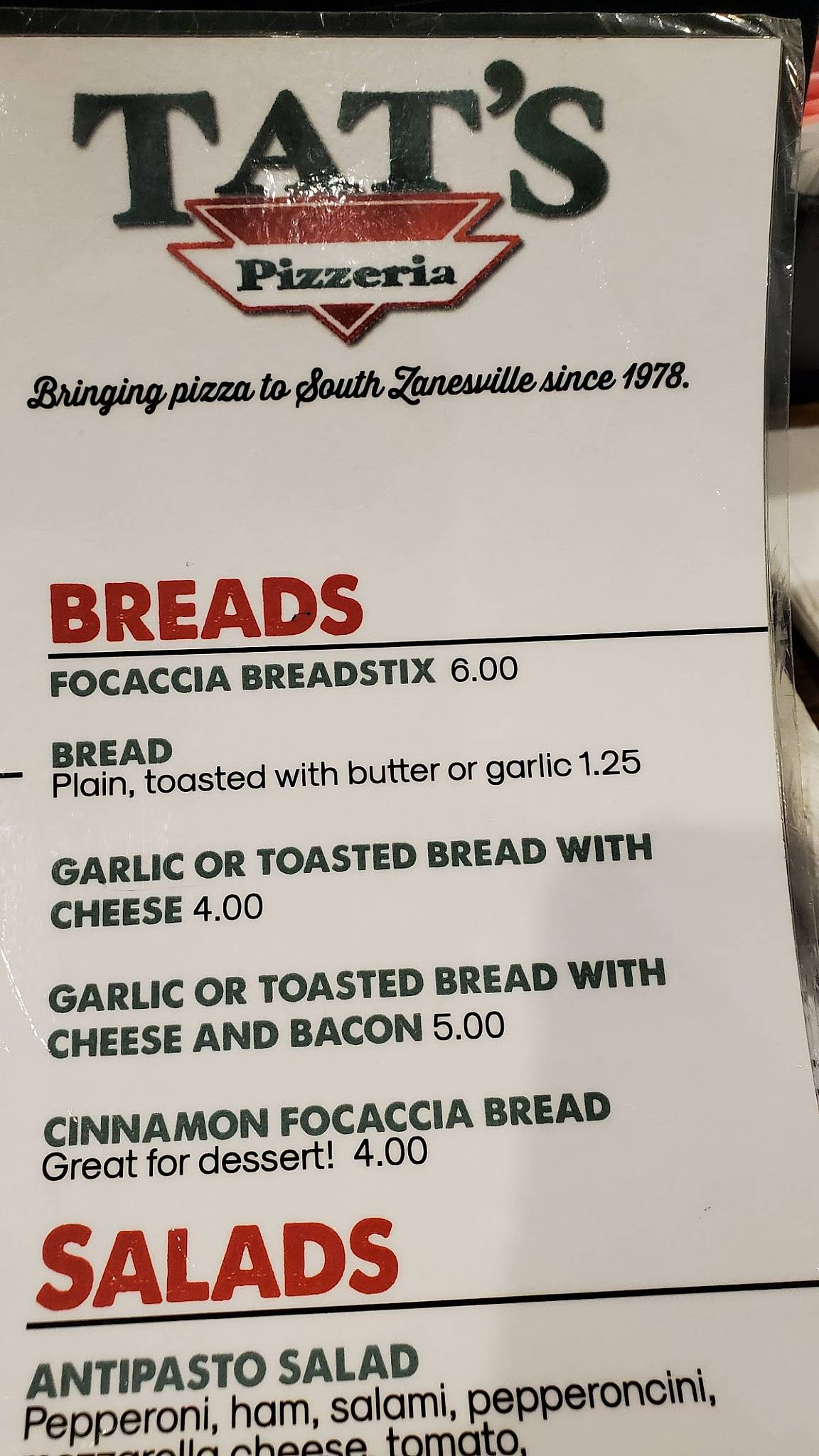 Menu at Tat's Pizzeria, Zanesville