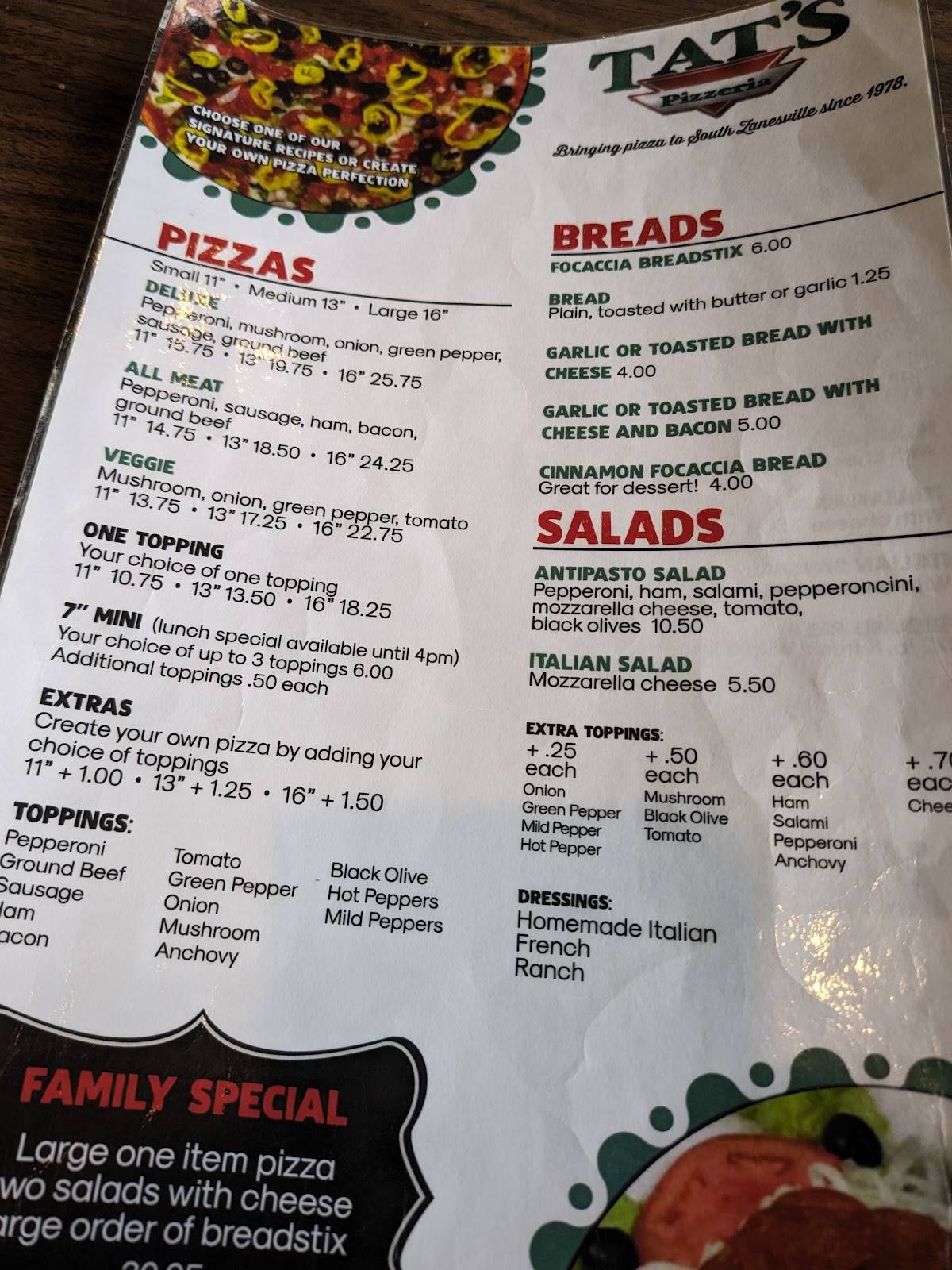 Menu at Tat's Pizzeria, Zanesville