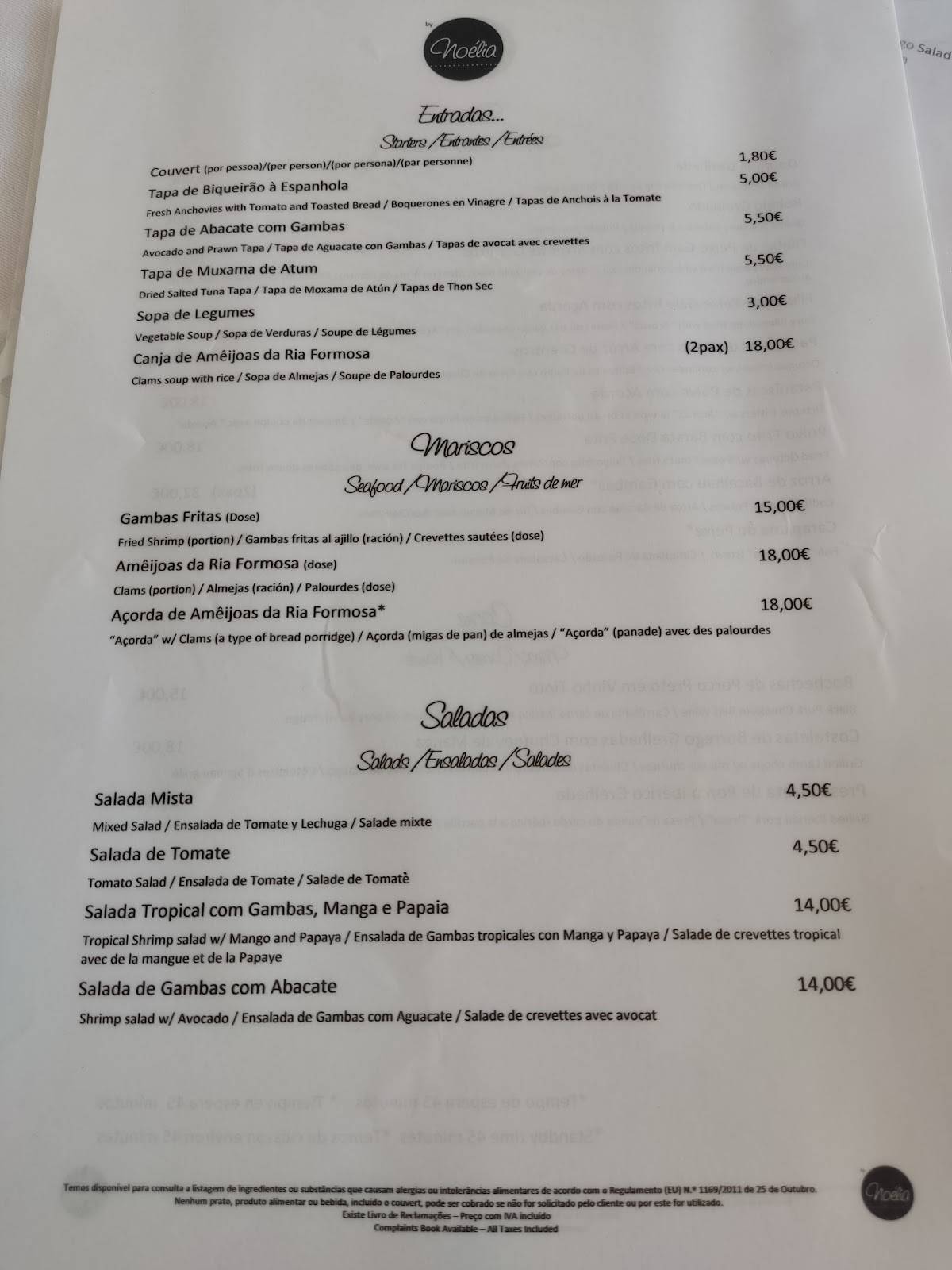 Menu em Restaurante Noélia & Jerónimo, Tavira, Av. Ria Formosa 2
