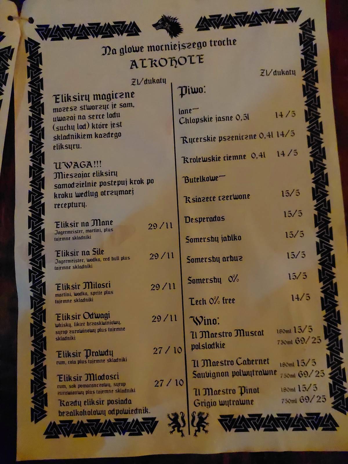 Menu at Tawerna Wilczy Dół restaurant, Kraków