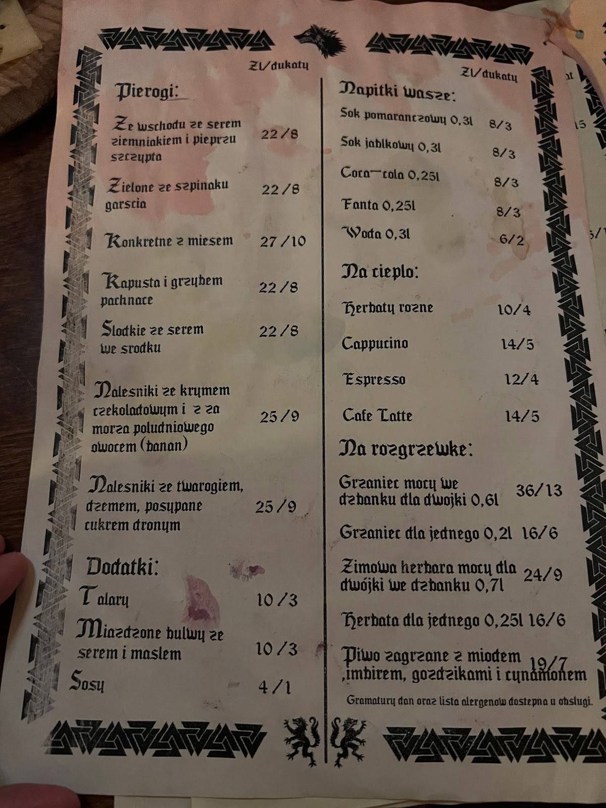 Menu at Tawerna Wilczy Dół restaurant, Kraków