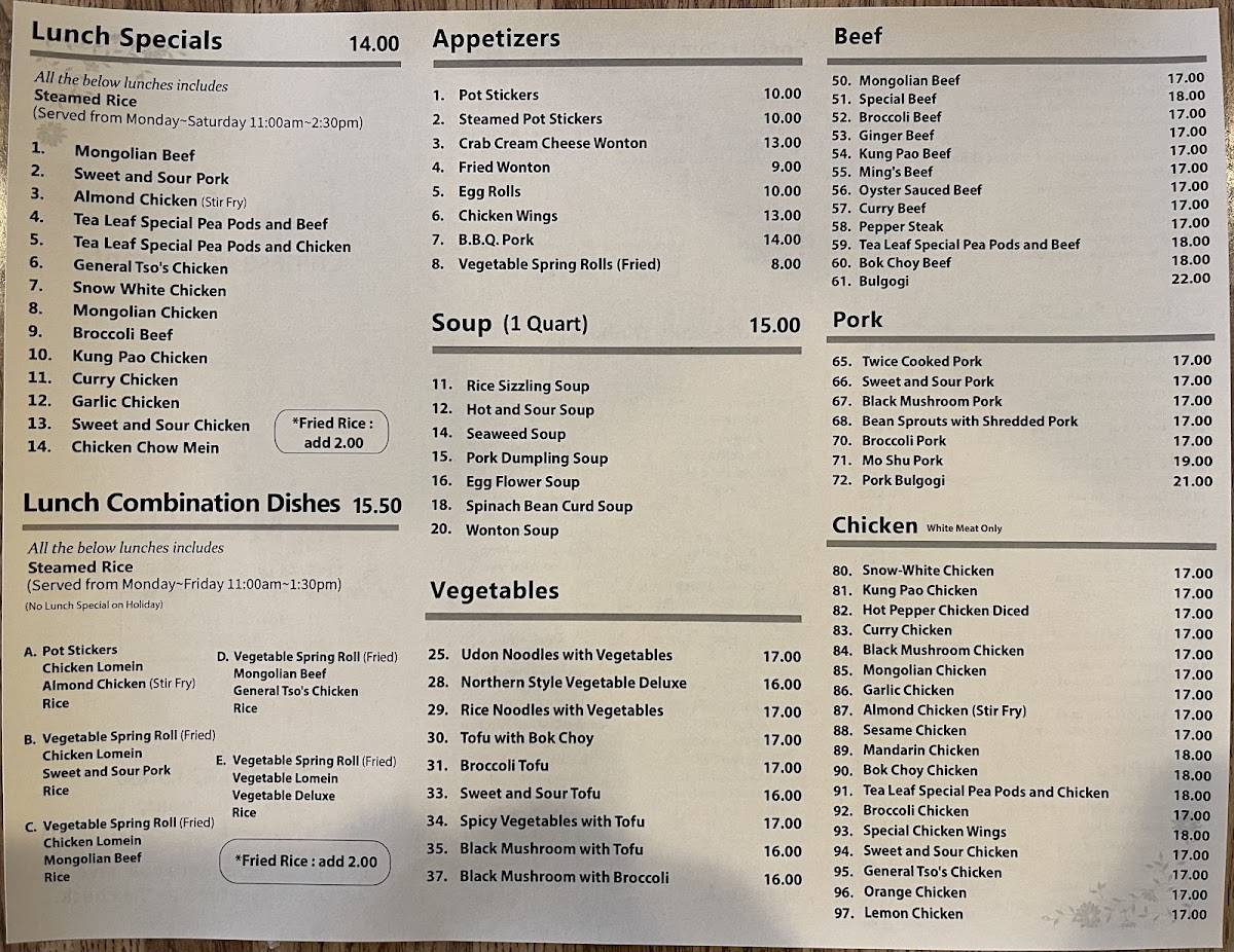 Menu at Tea Leaf 2 restaurant, Lacey