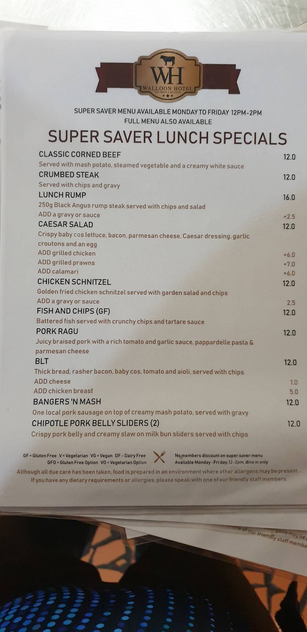 Menu at The Walloon Hotel restaurant, Walloon