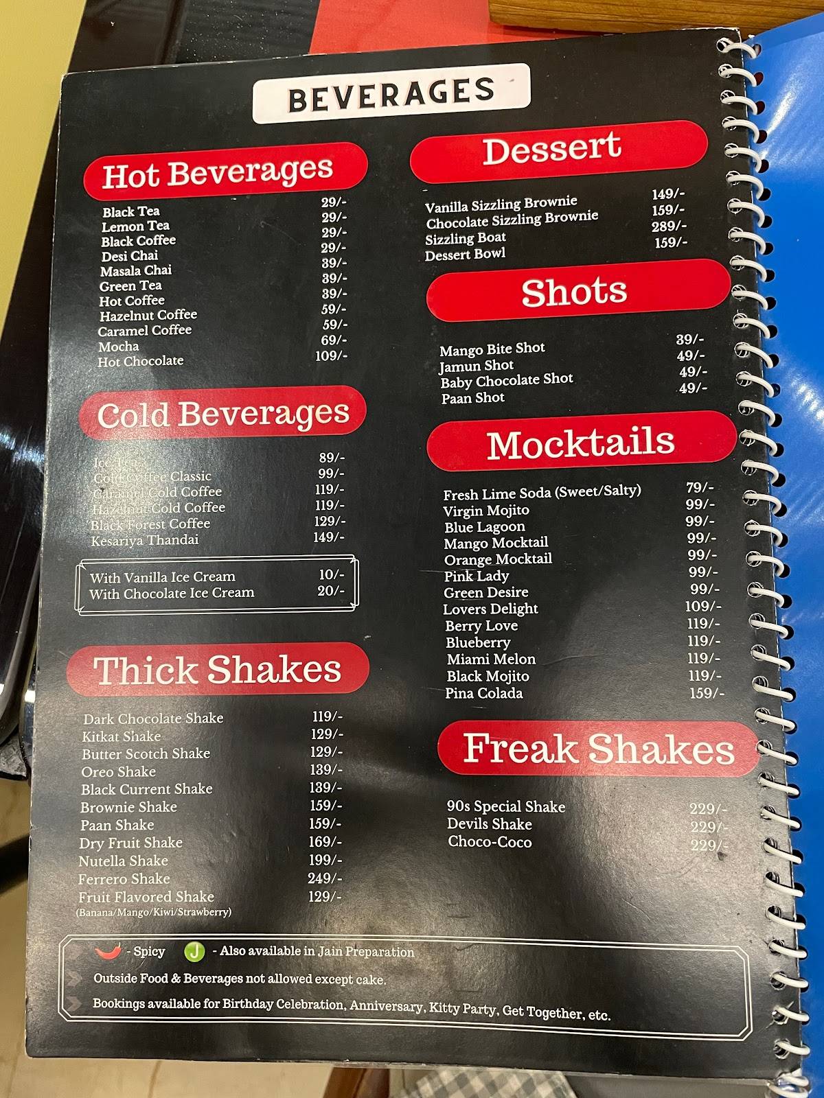 Menu at The 90s Café - Chapter 2, Bhilai