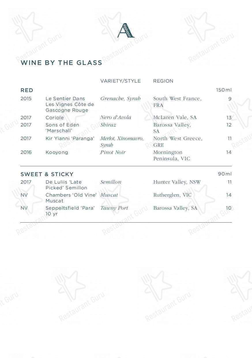Menu at The Alcott restaurant, Lane Cove