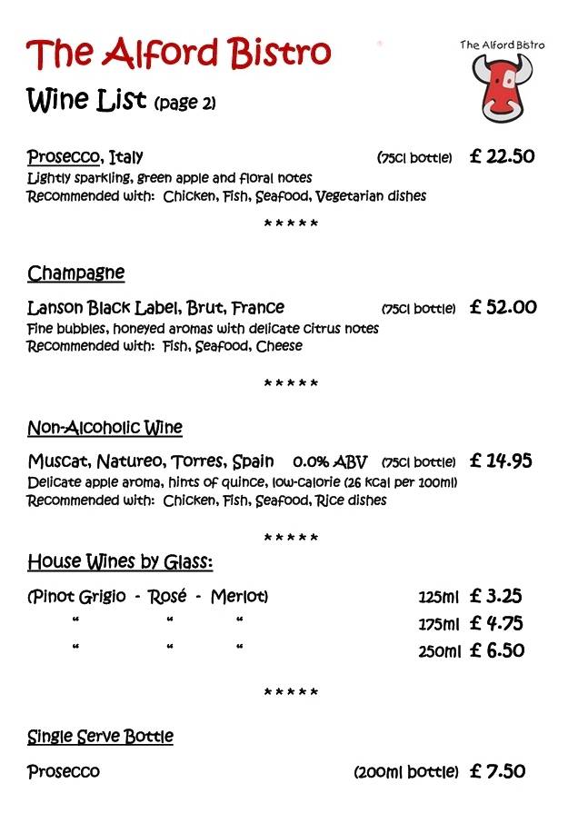 Menu at The Alford Bistro restaurant, Alford