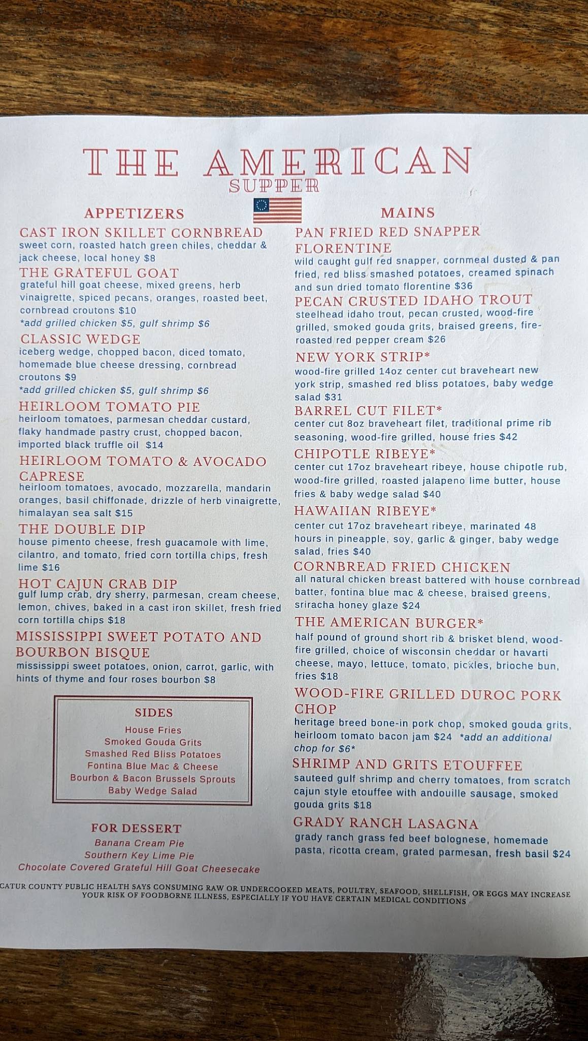 Menu at The American restaurant, Bainbridge