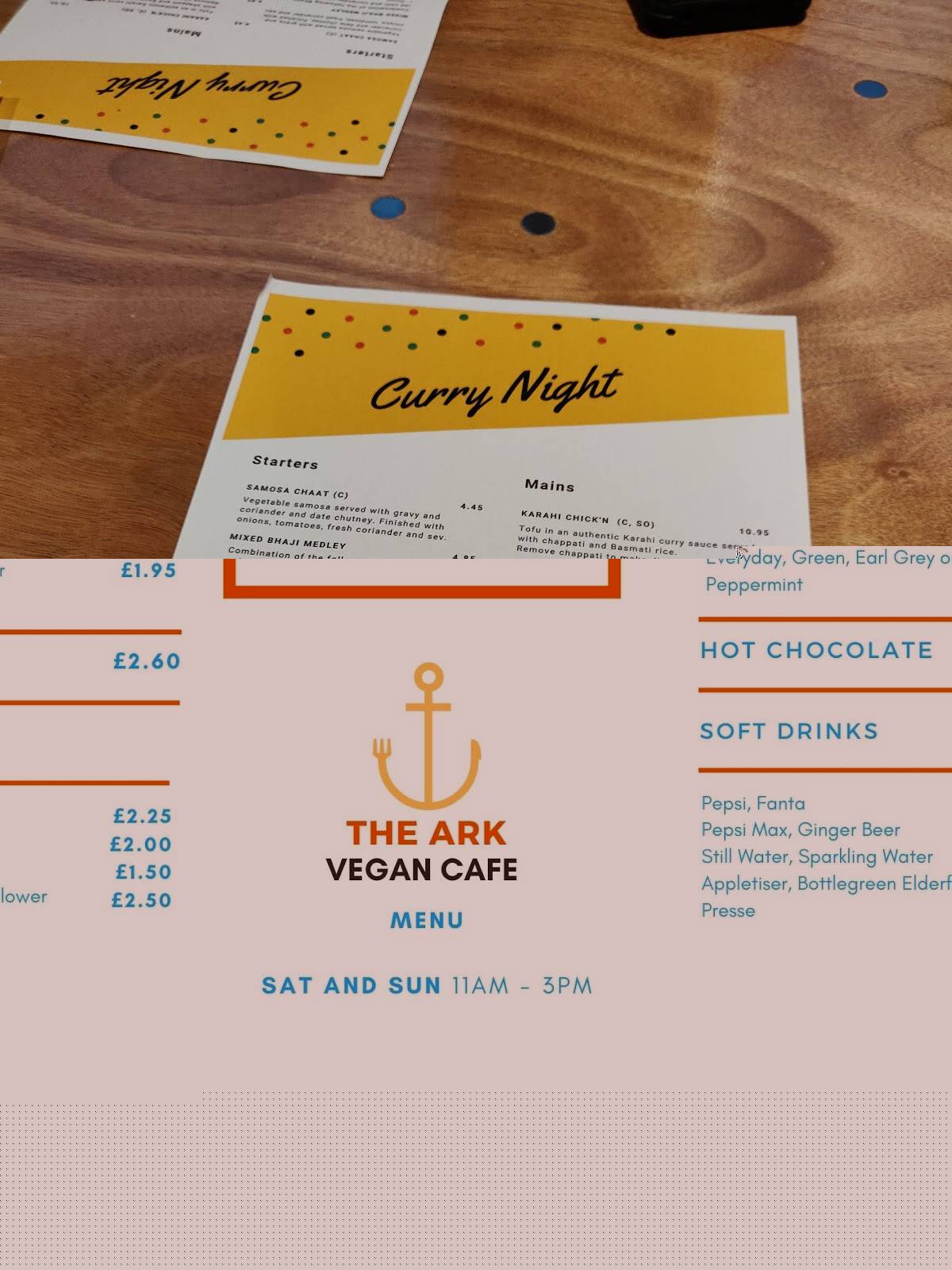 Menu at The Ark cafe, Northampton