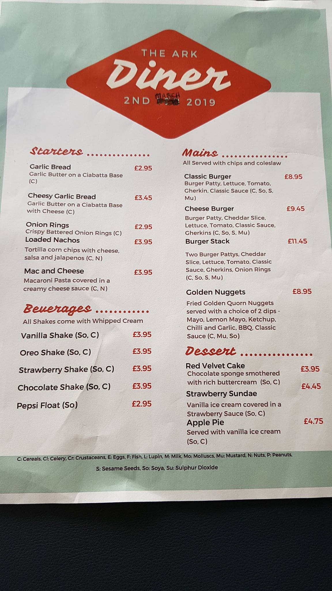 Menu at The Ark cafe, Northampton