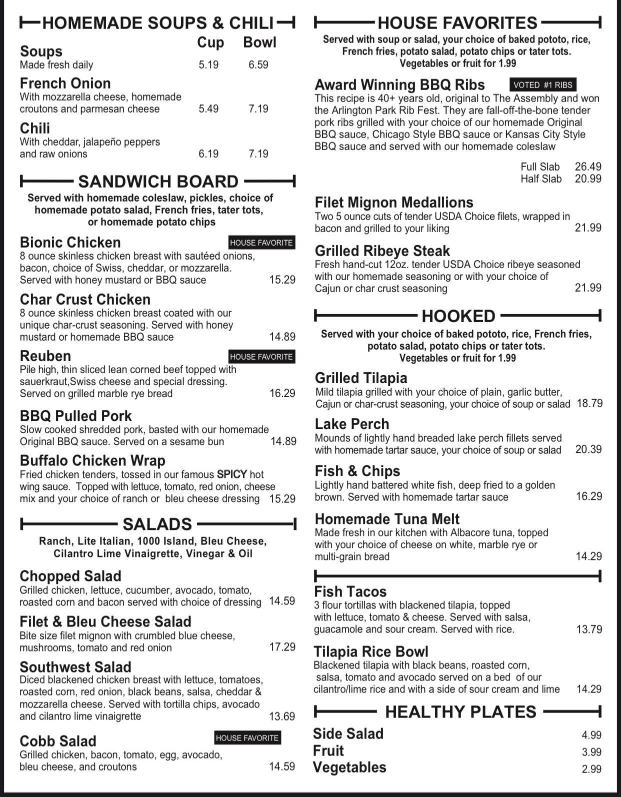 Menu at The Assembly American Bar & Cafe, Hoffman Estates