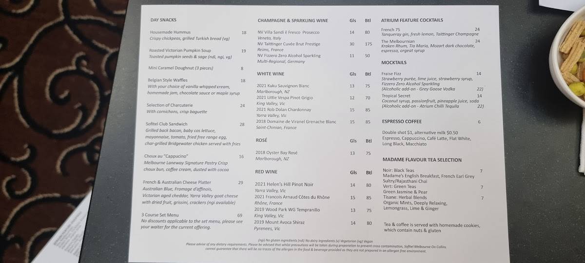 Menu at The Atrium on 35 restaurant, Melbourne, 25 Collins St