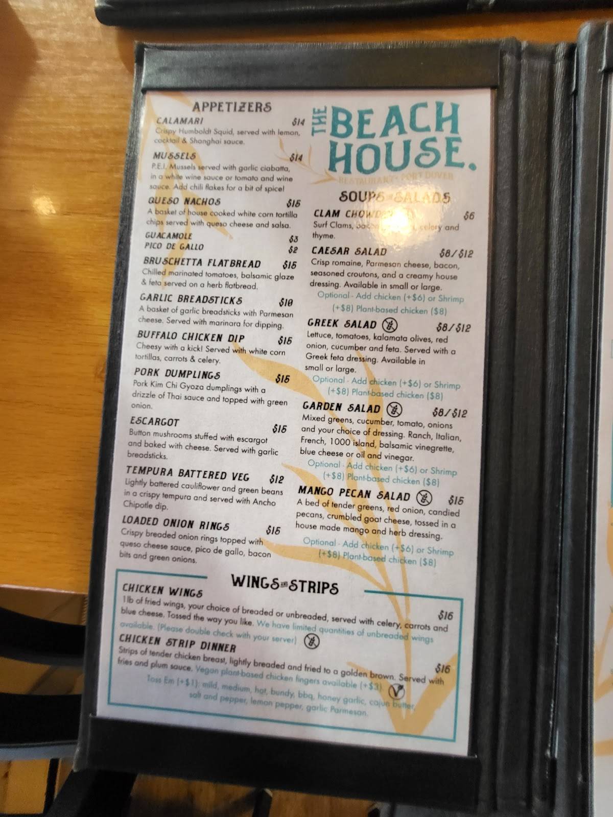 Menu at The Beach House steakhouse, Port Dover