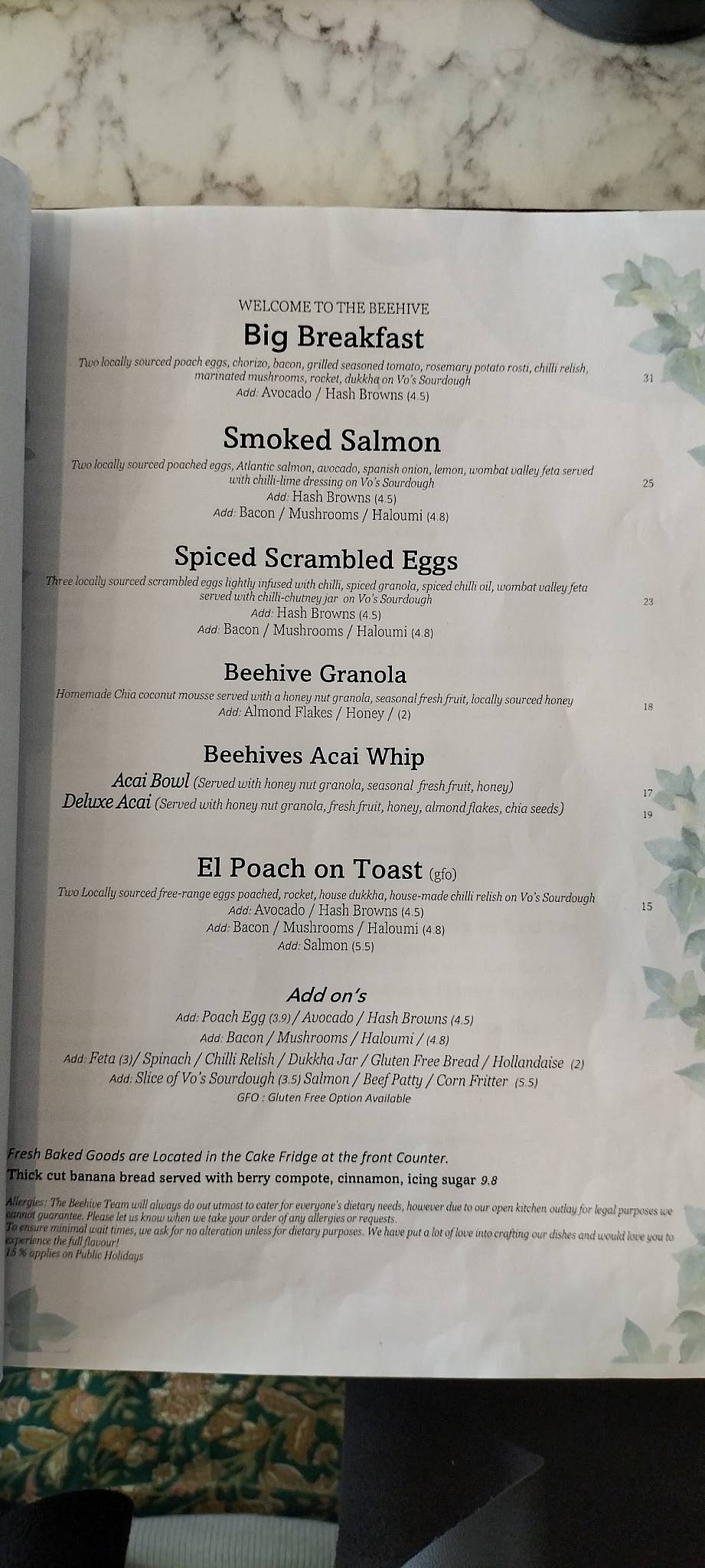 Menu at The Beehive Honeysuckle cafe, Newcastle