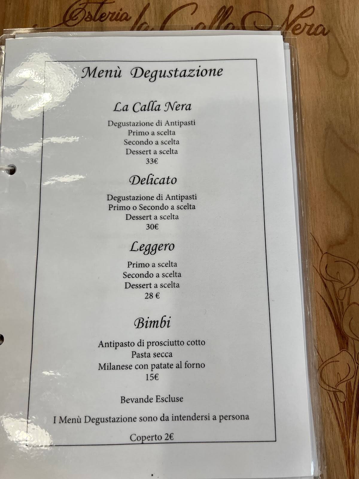 Menu da La Calla Nera ristorante, Romano Canavese