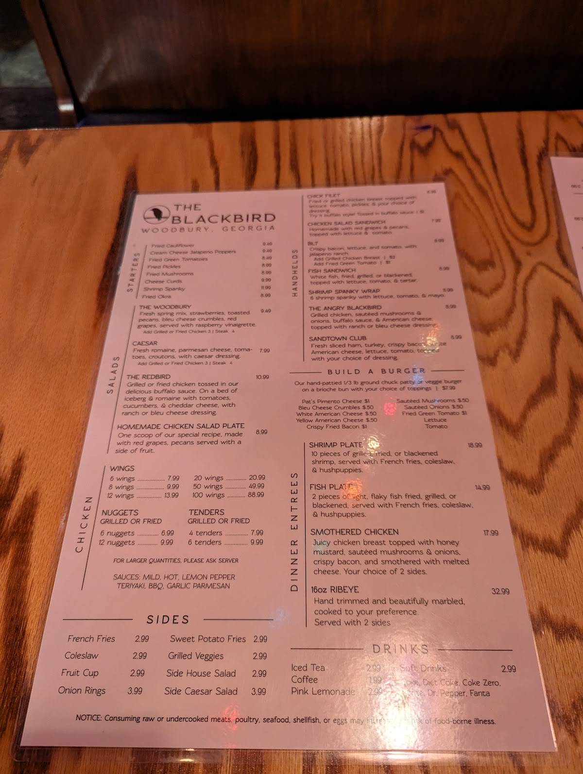 Menu at The Blackbird Cafe, Woodbury