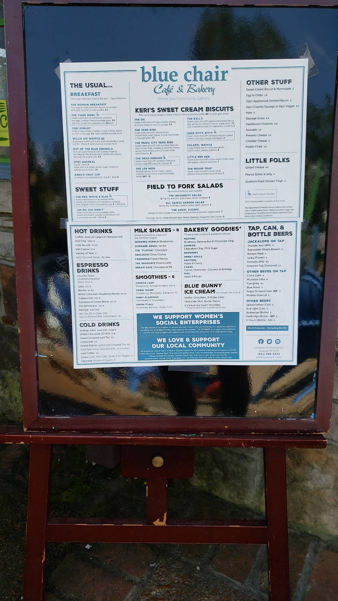 Menu at The Blue Chair Cafe & Tavern, Sewanee