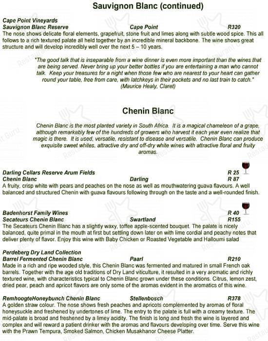Menu at The Blue Crane Restaurant and Bar, Pretoria