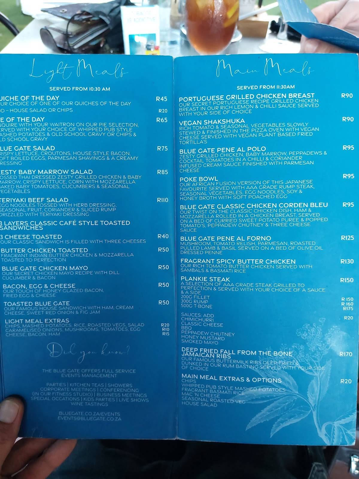 Menu at The Blue Gate restaurant, Nelspruit