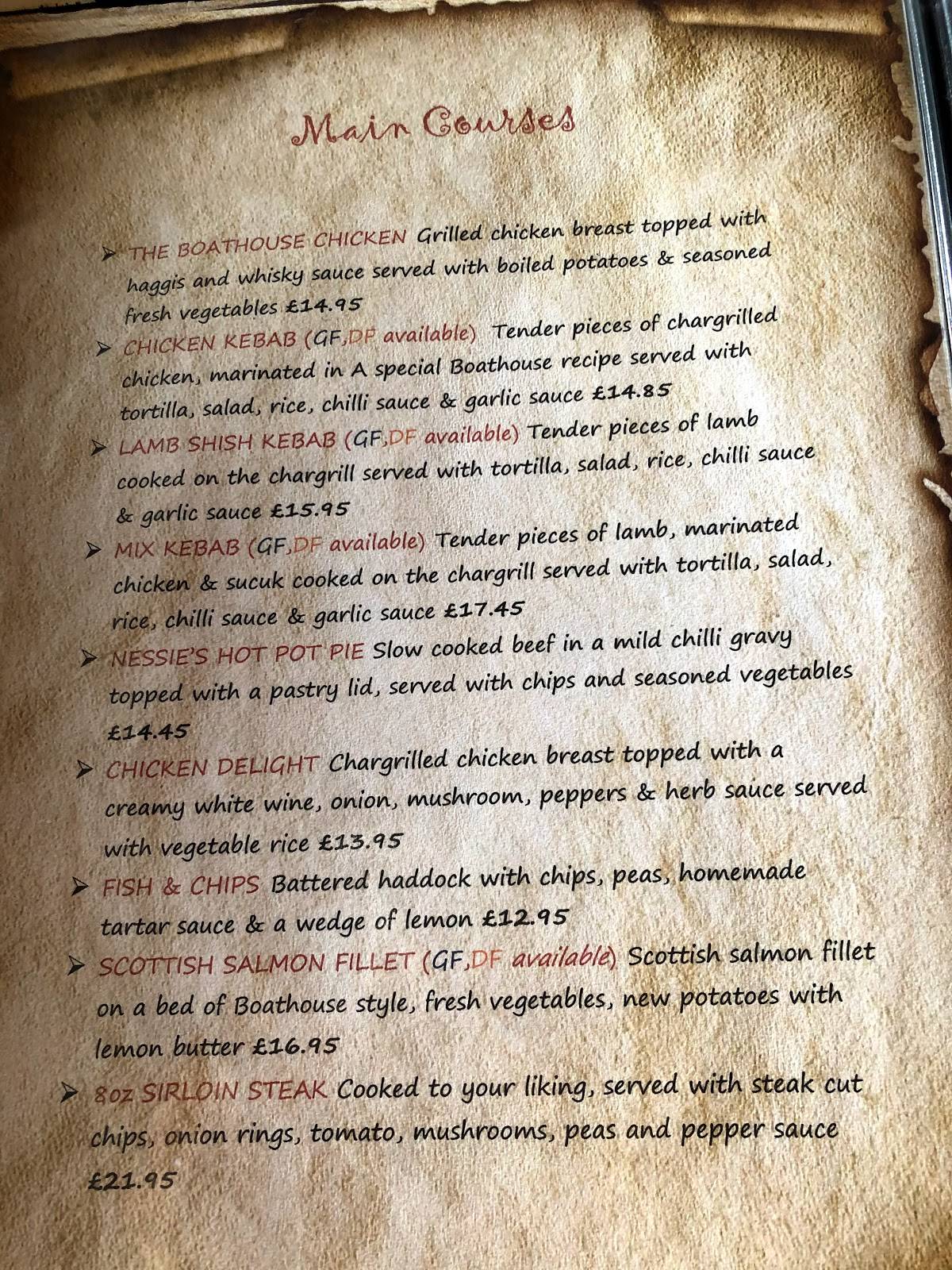 Menu at The Boathouse Restaurant, Fort Augustus