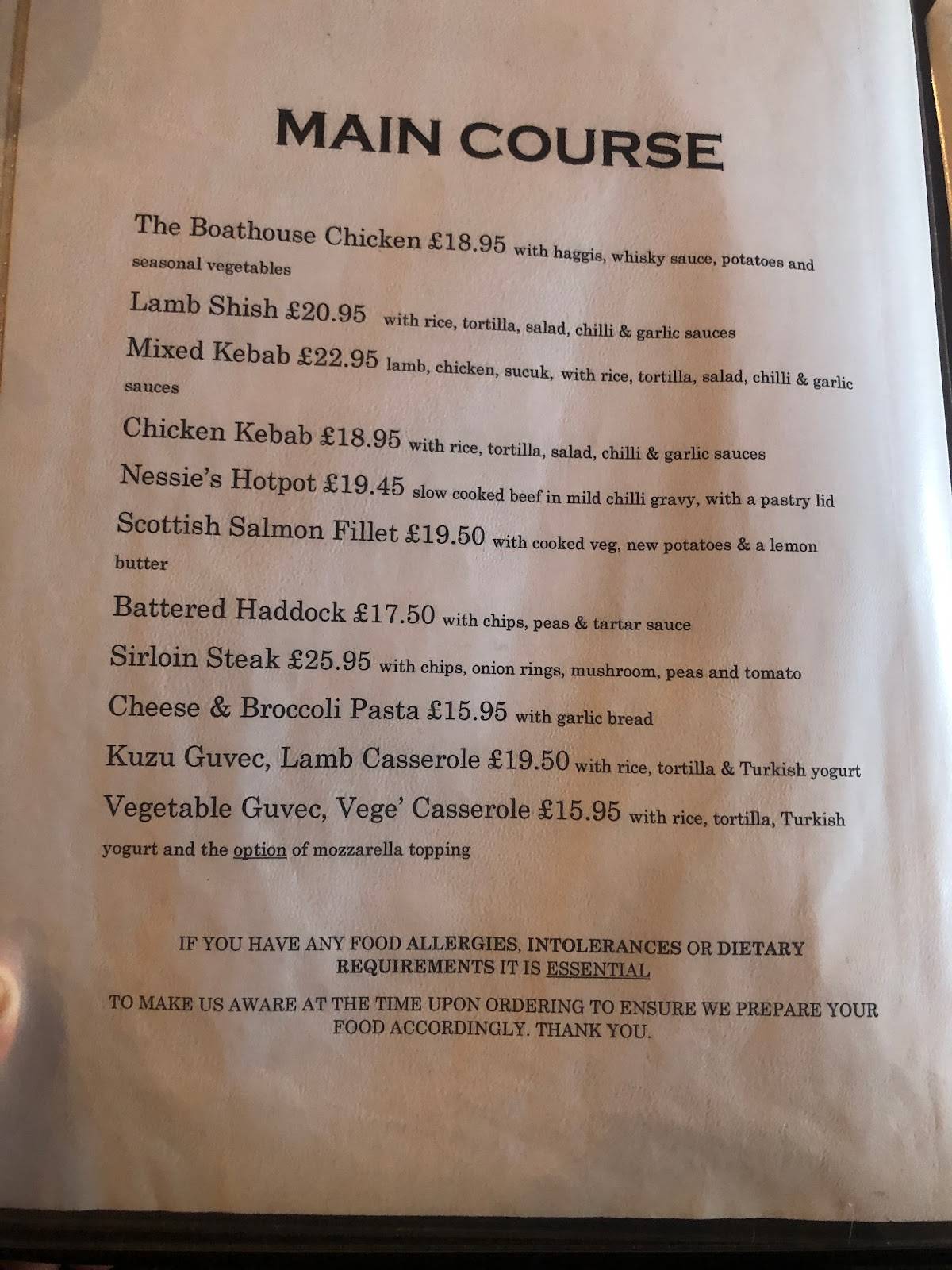 Menu at The Boathouse Restaurant, Fort Augustus