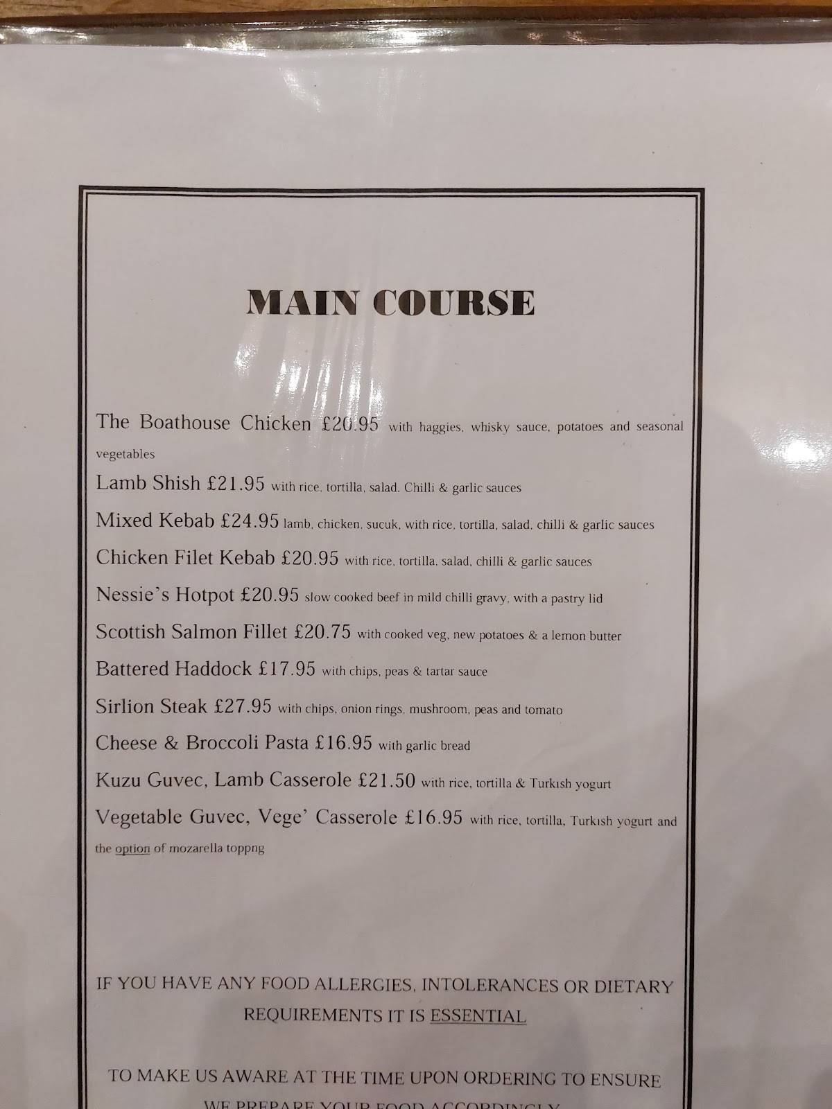 Menu at The Boathouse Restaurant, Fort Augustus