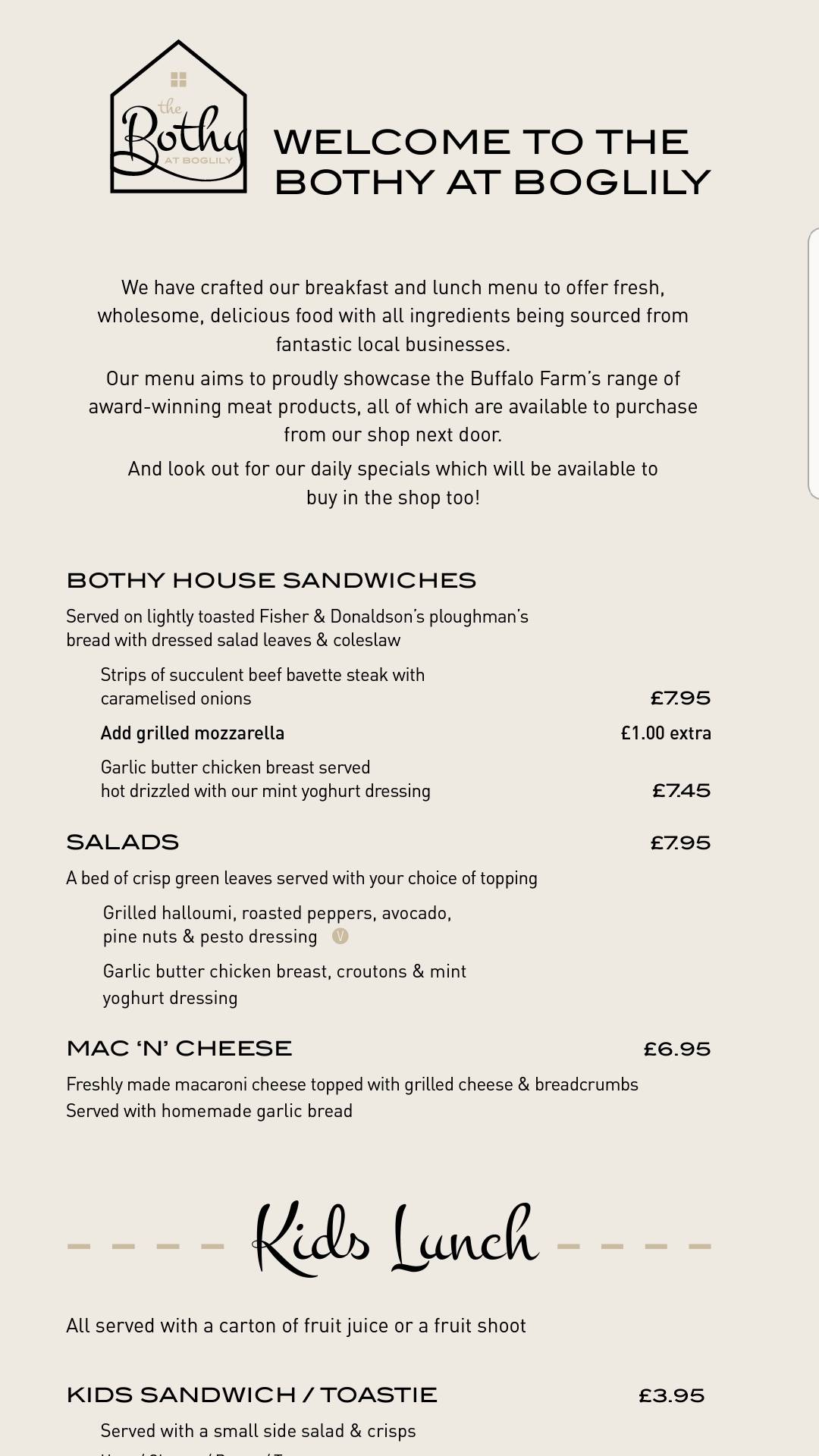Menu at The Bothy at Boglily cafe, Kirkcaldy