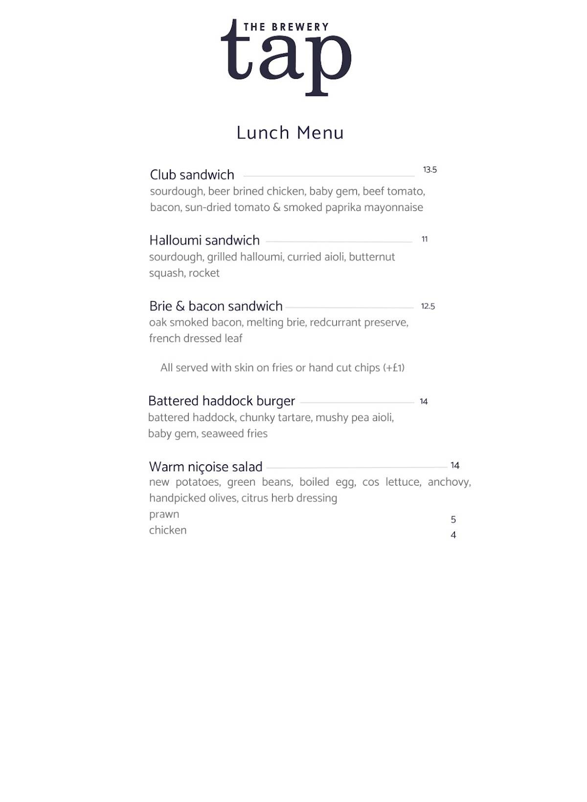 Menu at The Brewery Tap pub & bar, Furneux Pelham