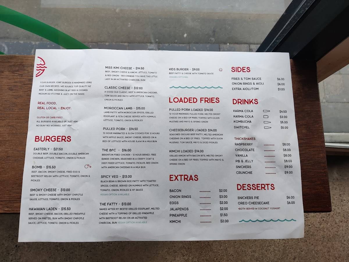 Menu at The Burger Joint restaurant, Christchurch, 78 Brighton Mall