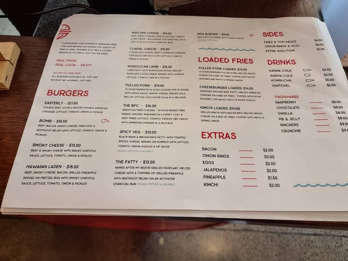 Menu at The Burger Joint restaurant, Christchurch, 78 Brighton Mall