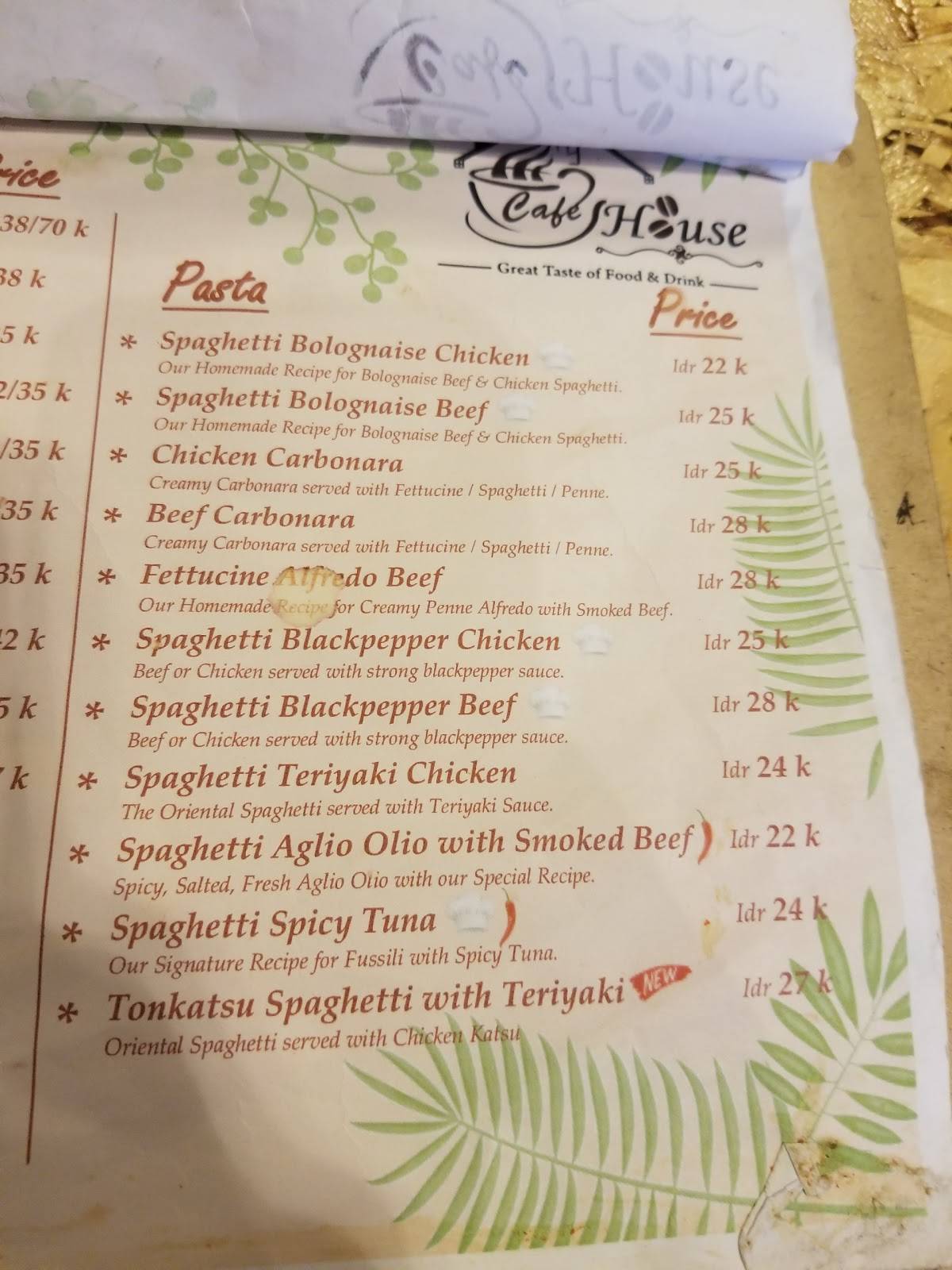 Menu at The Cafe House, Binjai