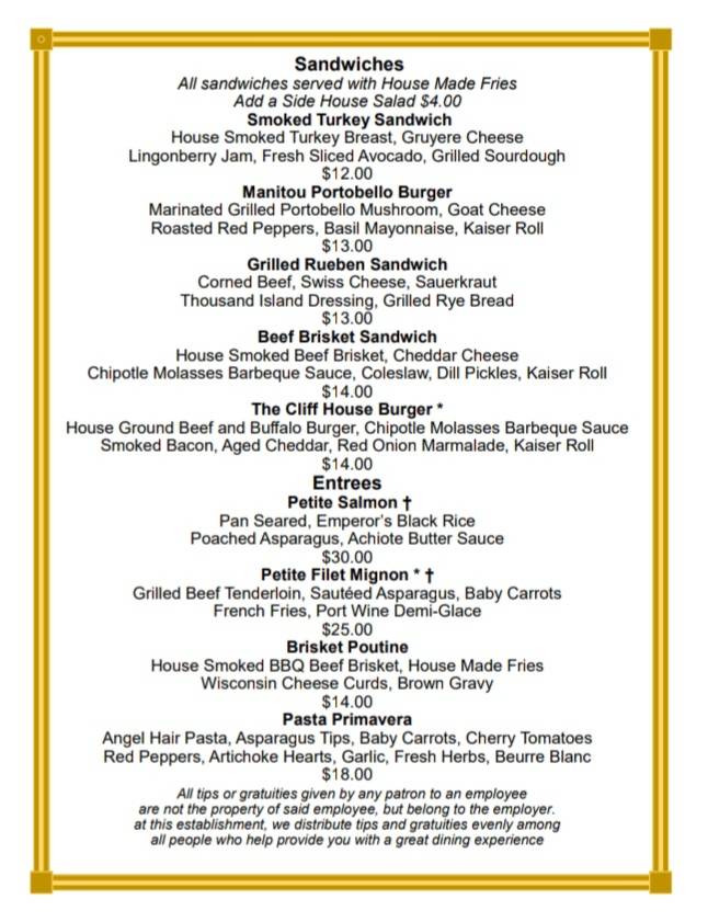 Menu at The Cliff House at Pikes Peak restaurant, Manitou Springs