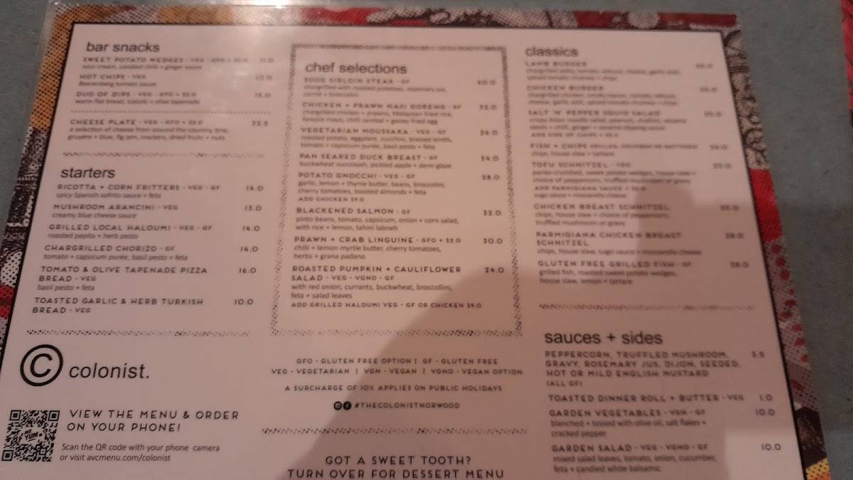 Menu at The Colonist pub & bar, Norwood