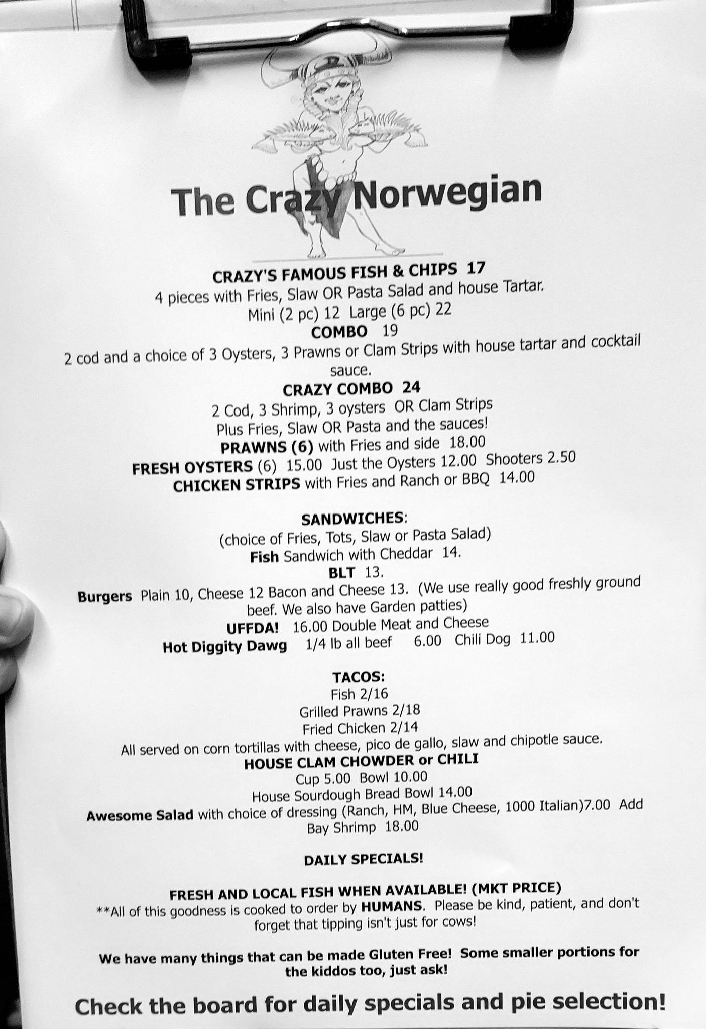 Menu at The Crazy Norwegian's Fish & Chips restaurant, Port Orford