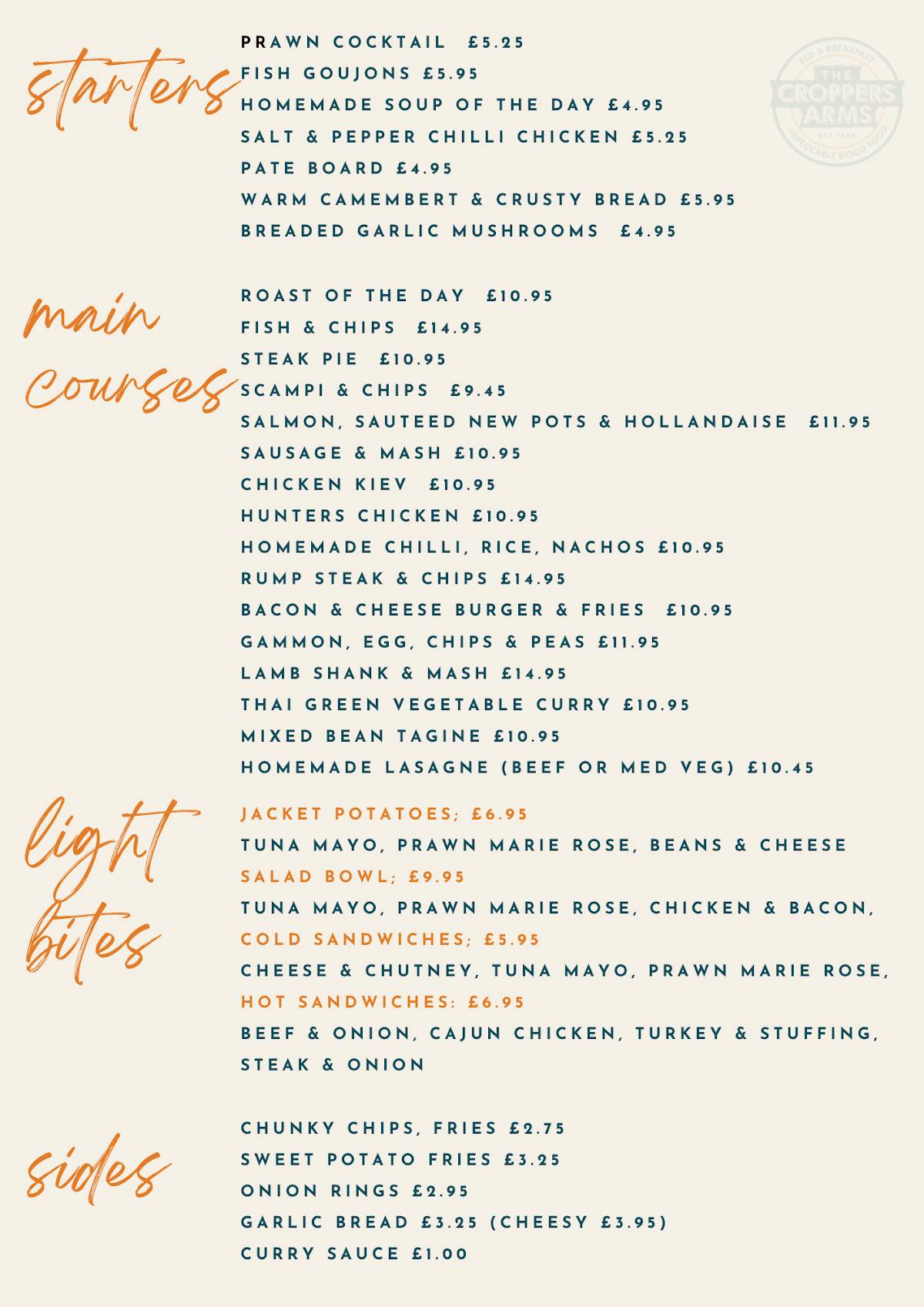 Menu at The Croppers Arms pub & bar, Huddersfield