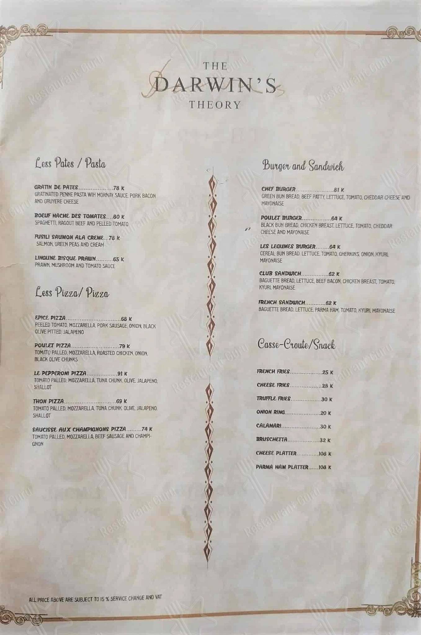 Menu at The Darwin's Theory Bistro & Lounge cafe, North Jakarta